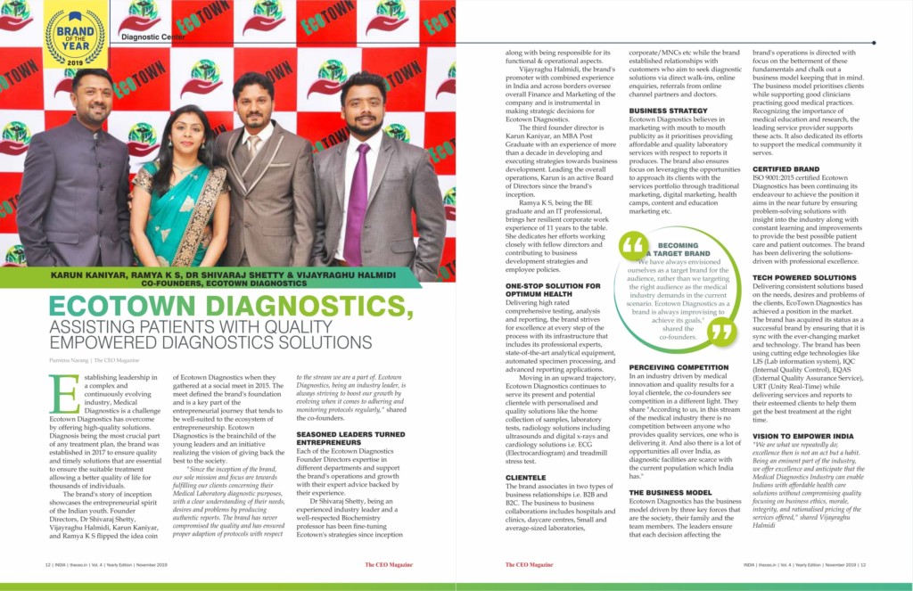 Ecotown Diagnostics - Brand of the Year 2019 by The CEO Magazine